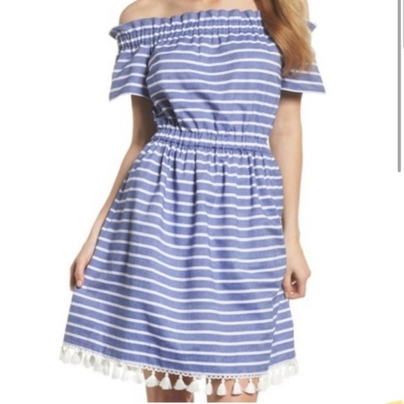 Eliza J | Dresses | Eliza J Blue White Striped Off The Shoulder ...